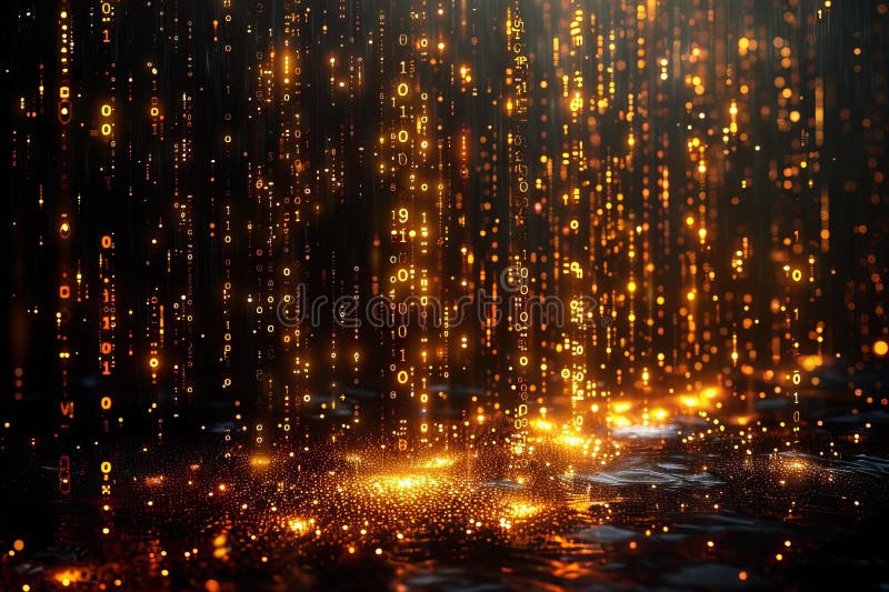A Digital Art Piece Featuring an Array of Golden Binary Code Cascading ...