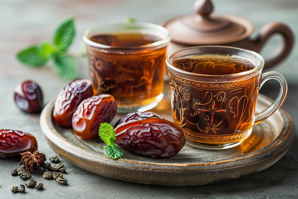 Digital Artwork of Arabic Dates and Tea on a Concrete Background, High ...
