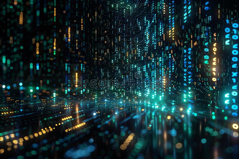 Digital Artwork of Black Background with Blue and Green Vertical Binary Code, Creating an ...