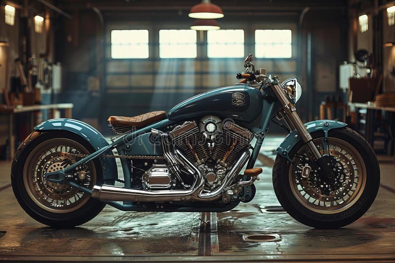 Digital Artwork of Blue Motorcycle is Sitting Inside a Large Garage ...