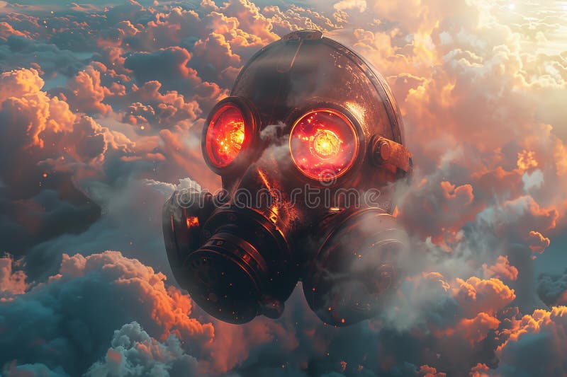 Digital Artwork of Gas Mask with Glowing Red Eyes Floating in the Sky ...