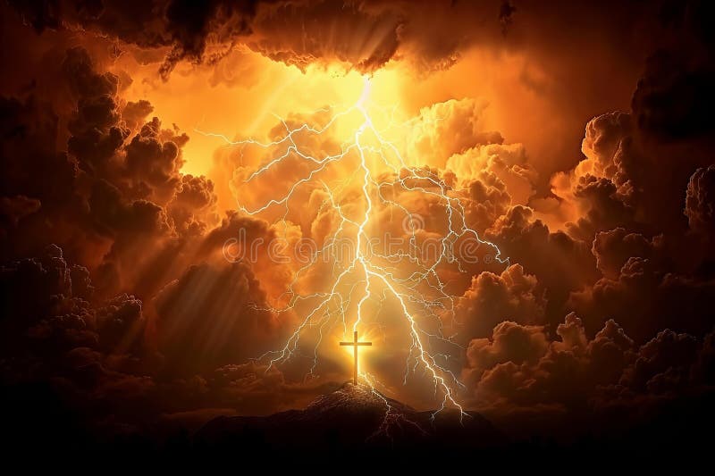 Digital Artwork of Lightning Strike on a Dark Sky with Orange Clouds ...