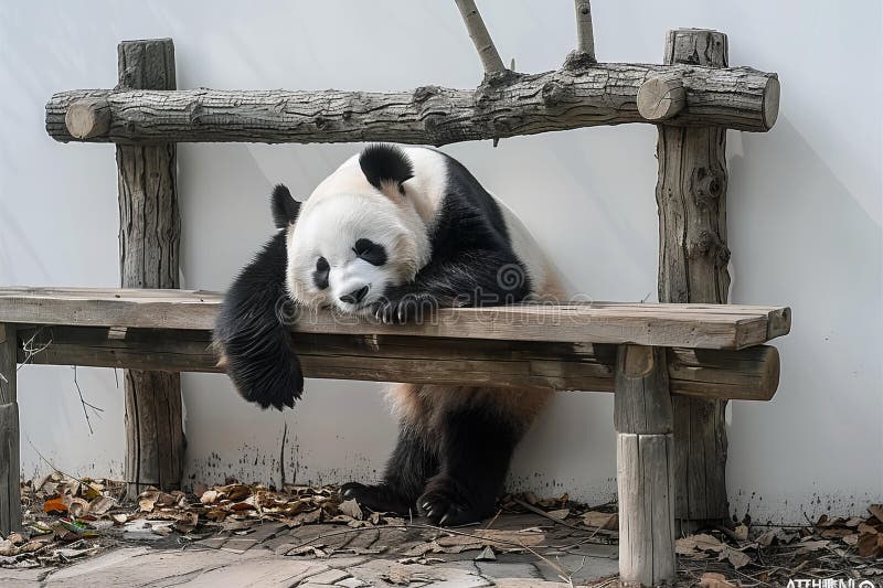 Digital Artwork of Panda is Sleeping on the Wooden Bench, with Its Head ...