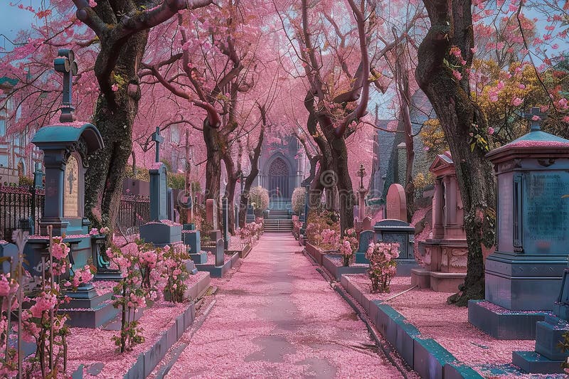 Digital Artwork of Pink Cemetery Lined with Trees with Cherry Blossoms ...