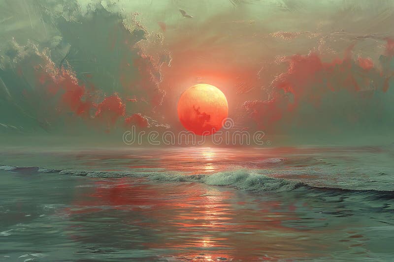 Digital Artwork of Red Sun Rises Over the Ocean, High Quality, High ...