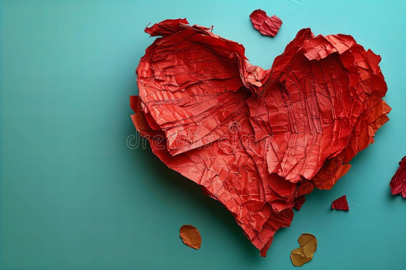 Digital Artwork of Red Tissue Paper Heart on Turquoise Backdrop, High ...
