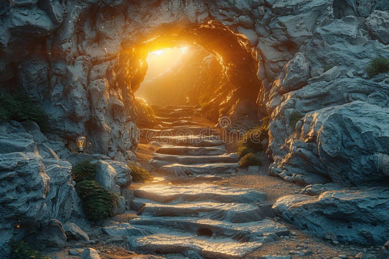 Digital Artwork of Rock Cave with Exit Path and Sun Light, High Quality ...