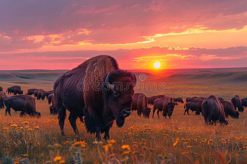 Digital Artwork of Sunset Over a Herd of Bison, High Quality, High ...