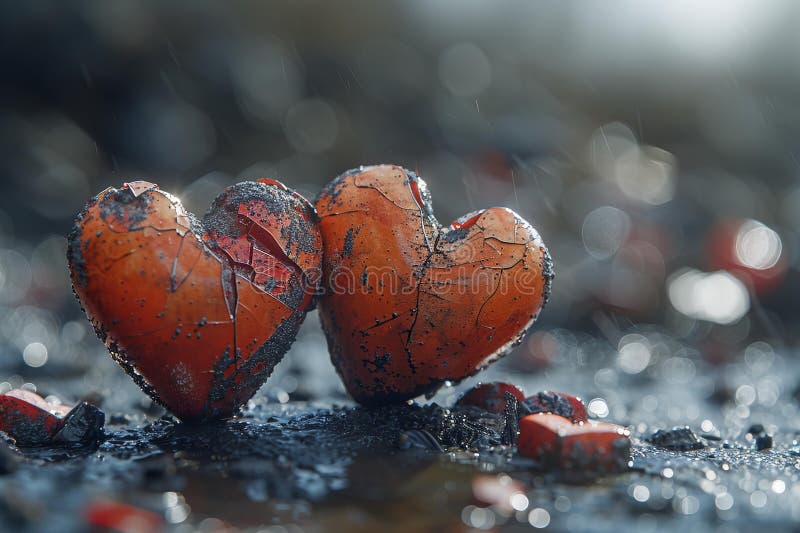 Digital Artwork of Two Hearts with Broken Pieces Standing on the Ground ...