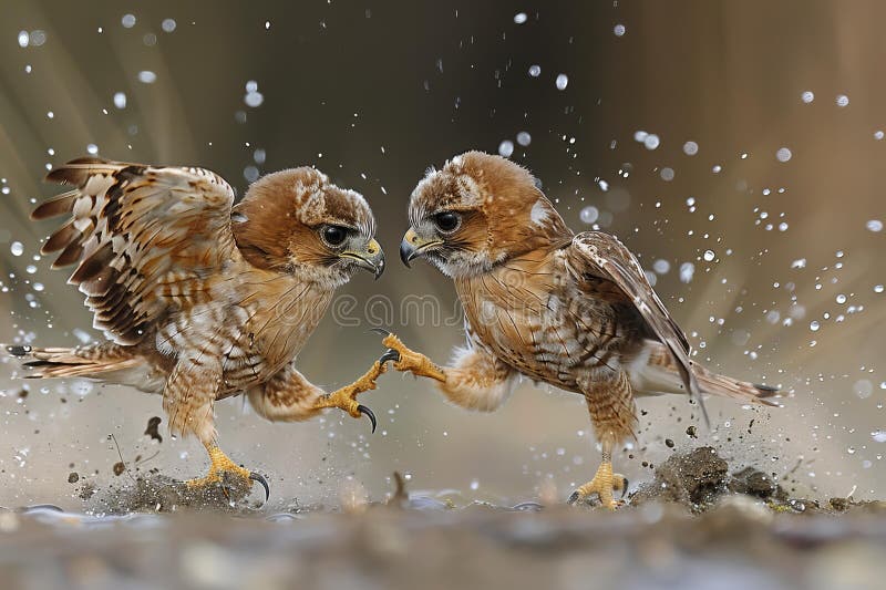 Digital Artwork of Two Small Hawks Fighting in the Field, High Quality ...