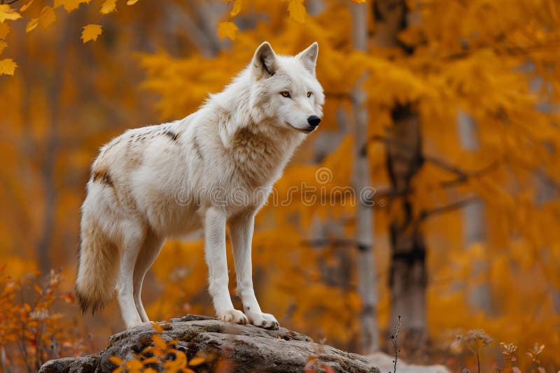Digital Artwork of White Wolf Standing on a Rock in Fall Trees, High ...