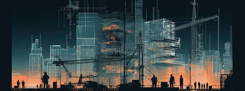 Illustration Digital Building Construction Engineering with Double ...