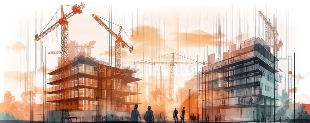 Illustration Digital Building Construction Engineering with Double Exposure Graphic Design ...