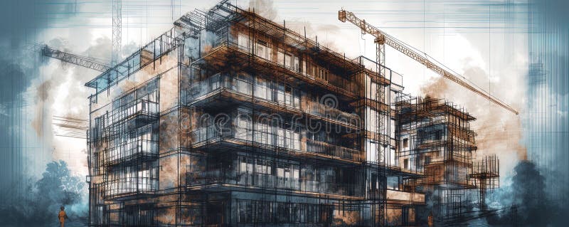 Illustration Digital Building Construction Engineering with Double ...