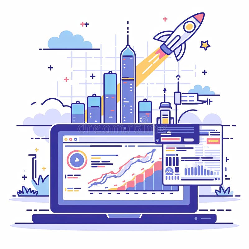 Digital Business Growth Concept with Rocket and Analytics Laptop Stock ...