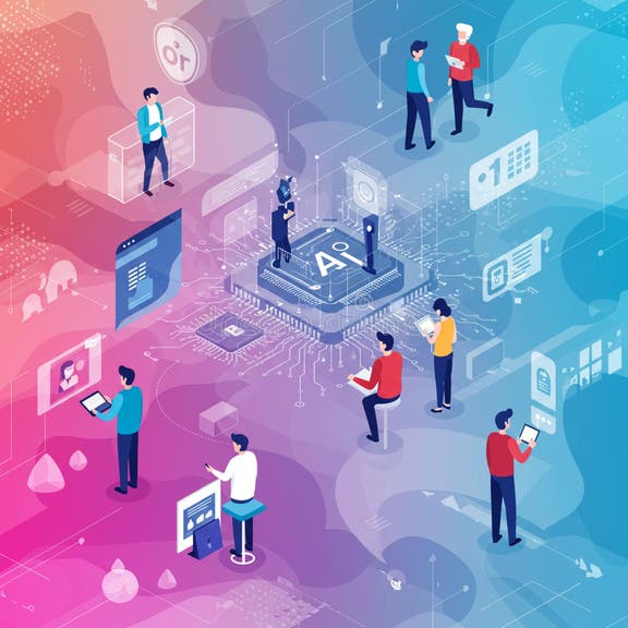 Illustration of a Digital Environment with People Interacting with ...