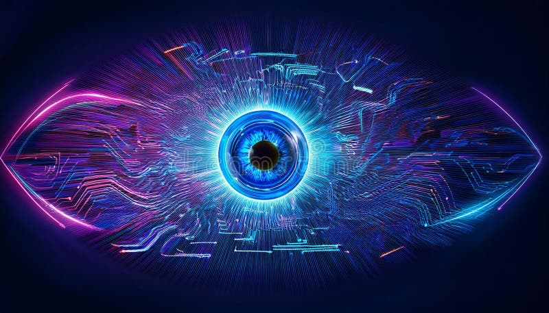 Illustration of Digital Eye Neon Style on Dark Blue Background ...