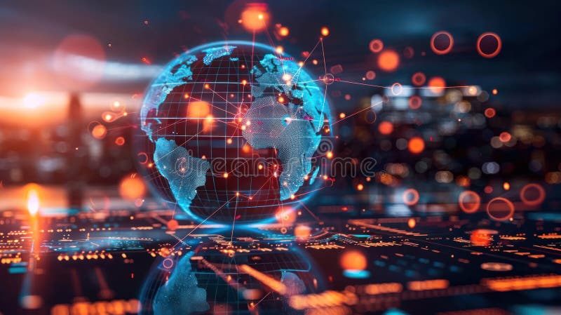 Illustration of a Digital Globe with Network Lines and Data Points ...