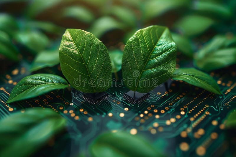 A Digital Illustration of Green Leaves Growing from an Electronic ...