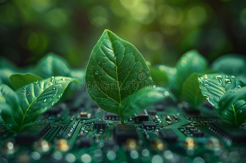 A Digital Illustration of Green Leaves Growing from an Electronic ...