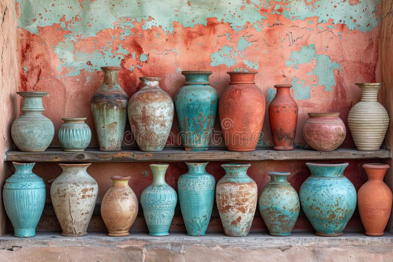 Digital Image of Array of Different Sizes of Old Clay Vases on a Wall ...