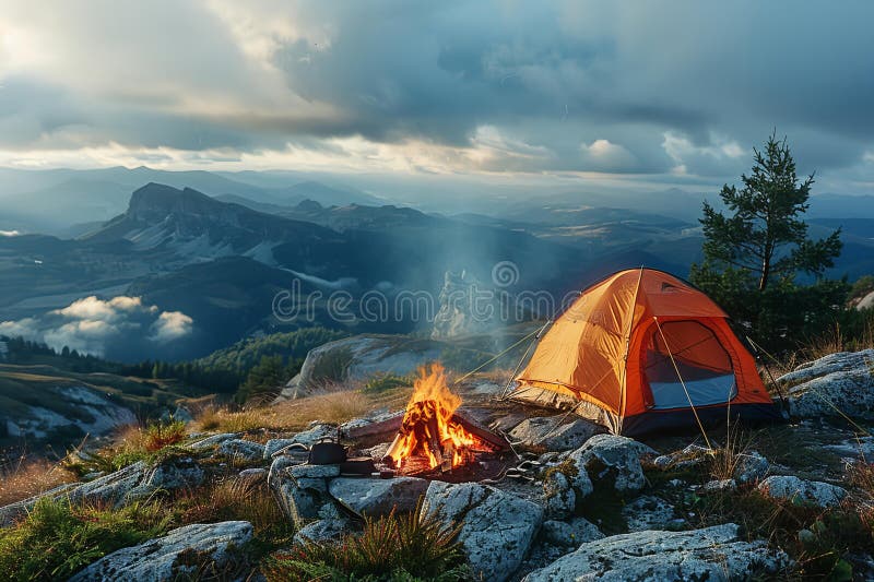 Digital Image of Campfire Set Up and Tent Situated on Top of Hill Stock ...