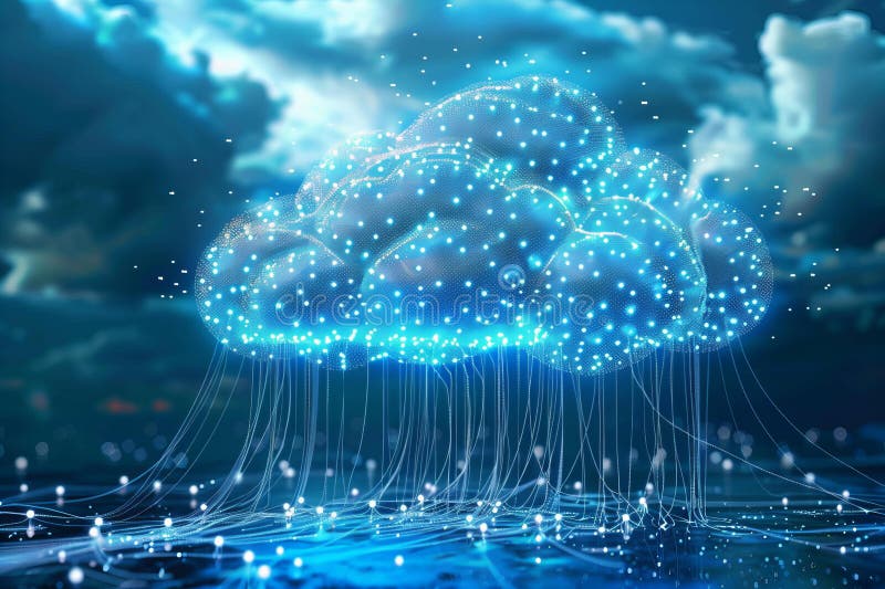 Digital Image of Cloud with Data Flowing Out of it, Blue Background, Digital Technology Concept ...