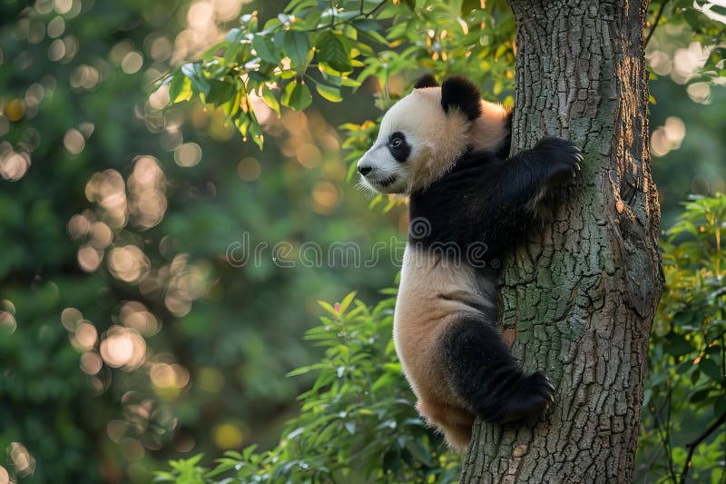 Digital Image of Cute Panda is Climbing Up the Tree, with Its Head and ...