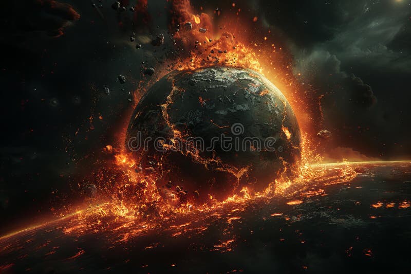 Digital Image of the Earth Being Destroyed by an Asteroid, Dark ...
