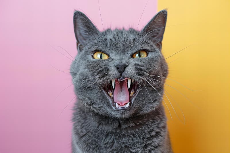 Digital Image of Grey Cat with Big Teeth Shouting and Angry Scream ...