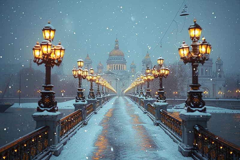 Digital Image of Lighted Walkway with Many Light Posts Under a Snowfall ...