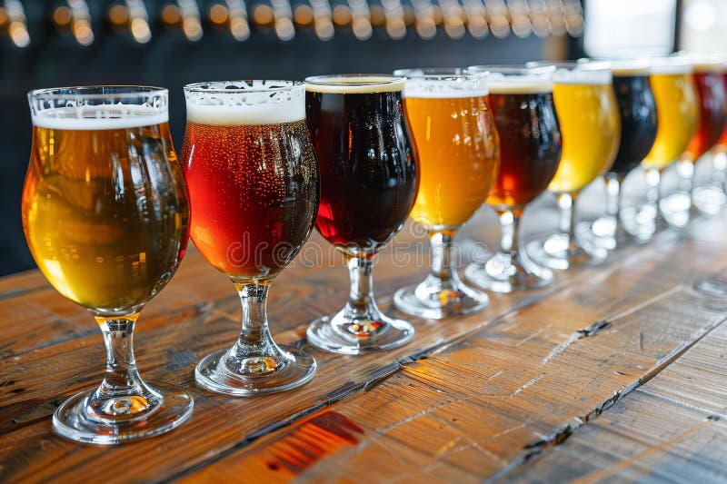Digital Image of Row of Beers in Glasses Sits on a Wooden Table Stock ...
