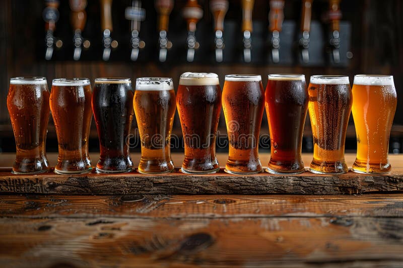 Digital Image of Row of a Dozen Beer Glasses on Wood, High Quality ...
