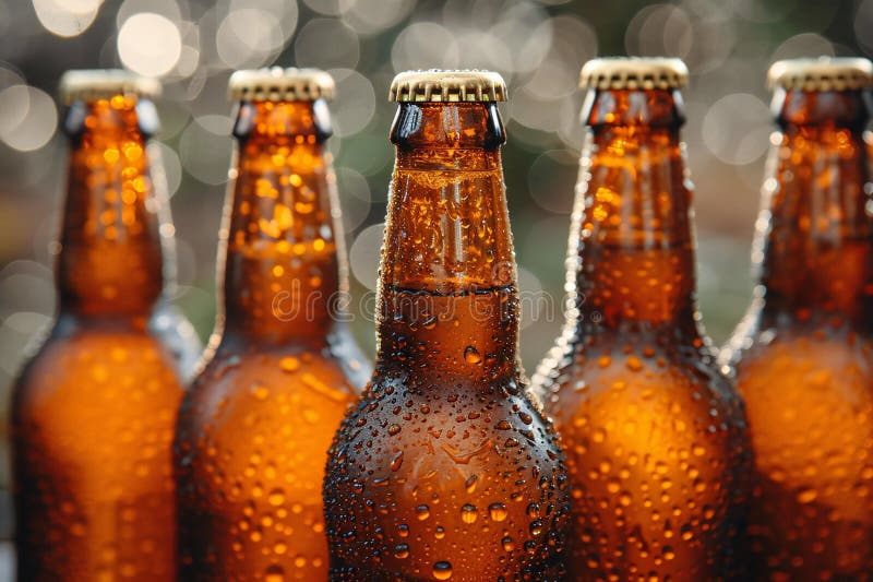 Digital Image of Six Beer Bottles Lined Up with Water Droplets, High ...