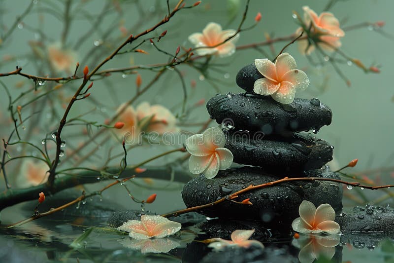 Digital Image of Stack of Black Rocks with Spa Flower Surrounded, High ...