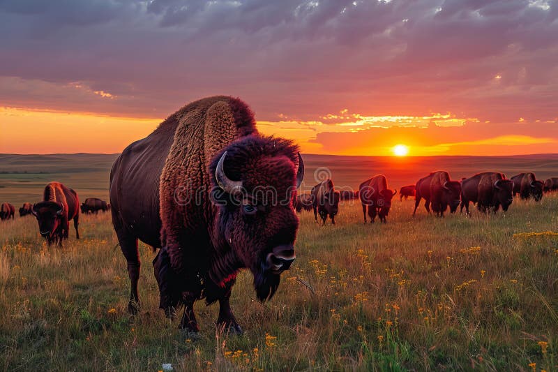 Digital Image of Sunset Over a Herd of Bison, High Quality, High ...