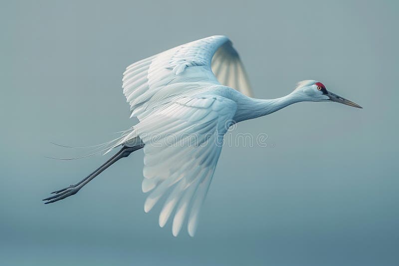 Digital Image of White Crane in Flight Flying Across Blue Sky, High ...
