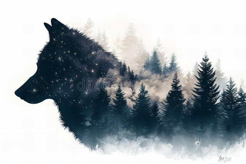 Digital Image of Wolf Silhouette with Stars and Trees, High Quality ...