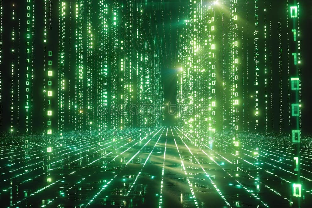 Illustration of Digital Matrix of Green Binary Code, with Rays of Light Emanating from the ...