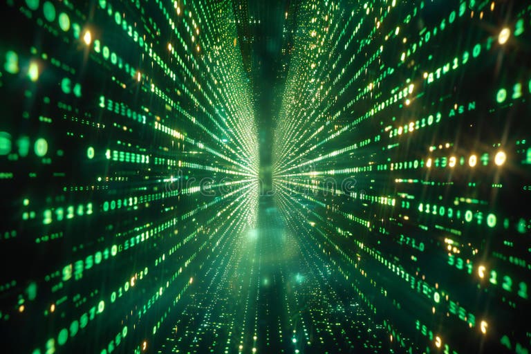 Illustration of Digital Matrix of Green Binary Code, with Rays of Light Emanating from the ...