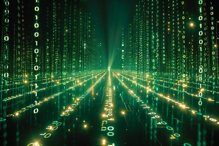 A Digital Matrix of Green Binary Code, with Rays of Light Emanating from the Center and ...