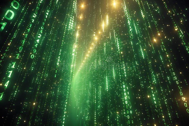 A Digital Matrix of Green Binary Code, with Rays of Light Emanating from the Center and ...