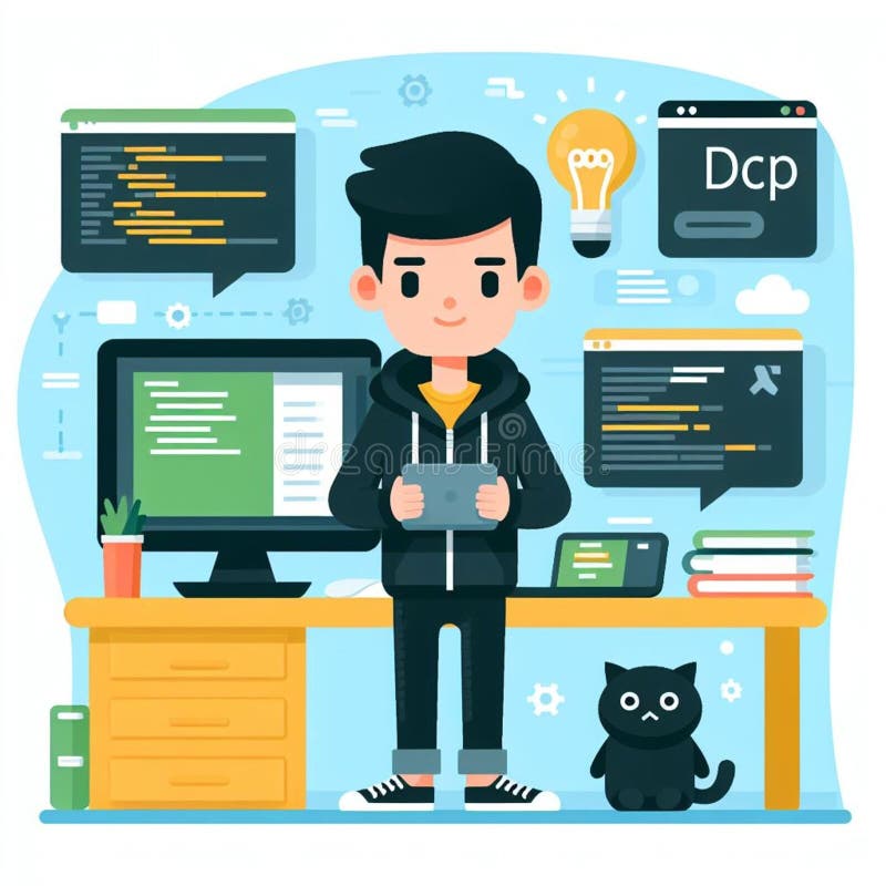 Illustration of Digital Multitasking: Man Working with Computers and ...