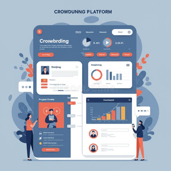 Illustration of a Digital Platform Interface, Labeled "Crowdfunding Platform." Features Stock ...
