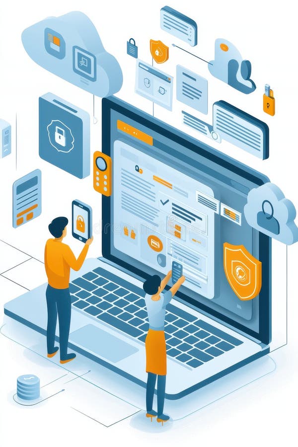Illustration of Digital Security with Two People Interacting with ...