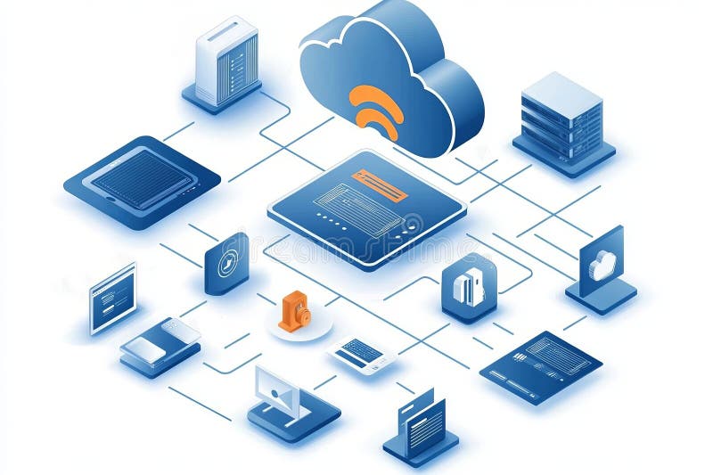Illustration of a Digital System with Interconnected Devices and Cloud ...