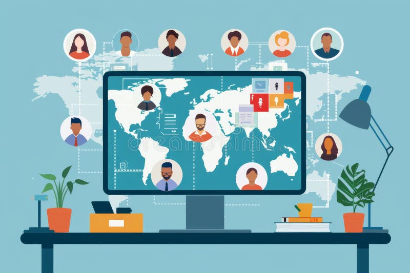 Illustration of a Digital Workplace with Team Members Interacting ...
