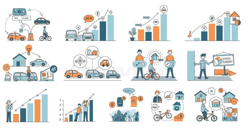 Illustration Displaying Concepts of a Shared Economy, Featuring Graphs ...