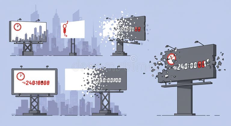 Illustration Displays a Sequence of Billboards with a Red Clock and ...