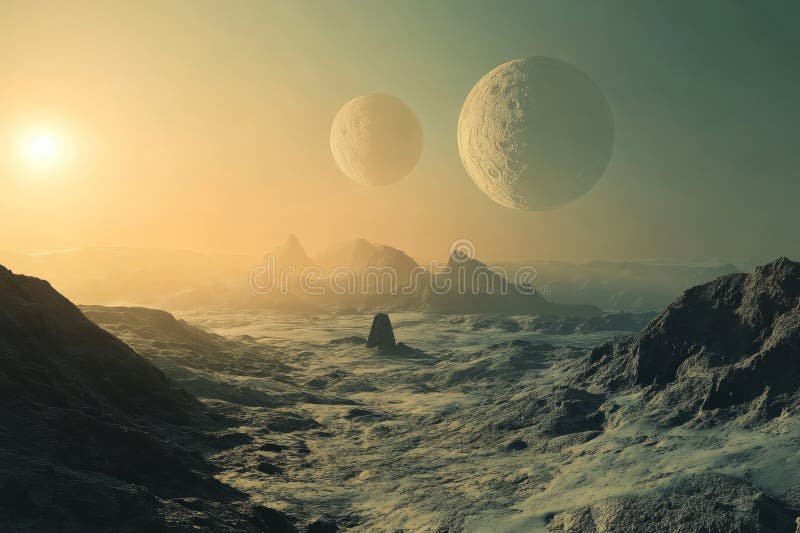Illustration of a Distant Planet with Two Moons in the Sky, Casting ...